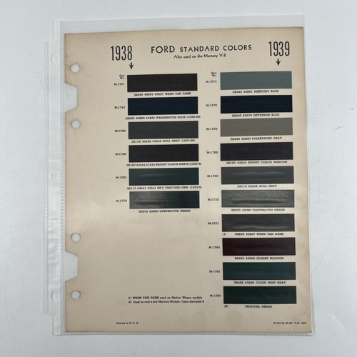 1938 1939 Ford Standard Car Paint Color Chip Chart Sheet Sherwin ...