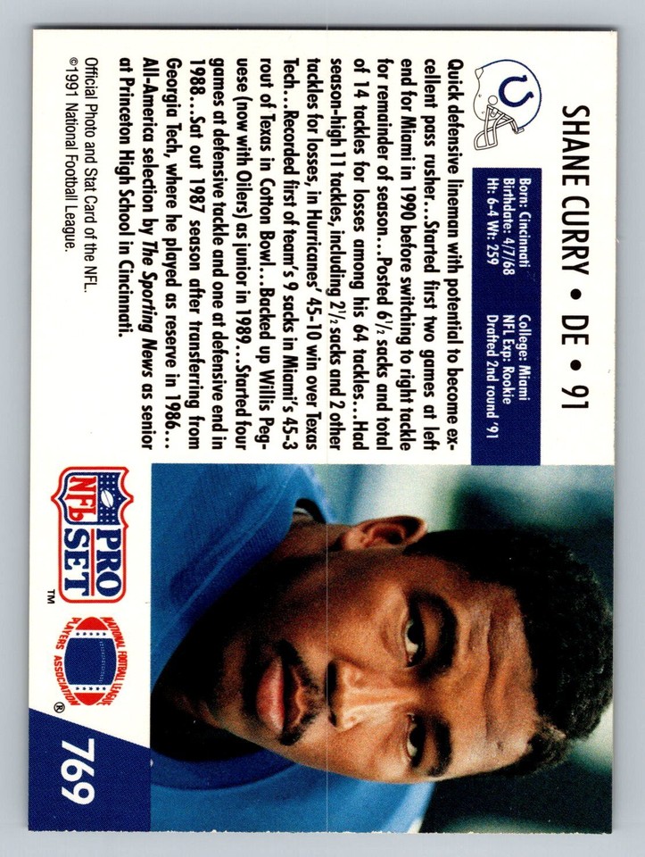 1991 Pro Set #769 Shane Curry DC, RC Rookie Indianapolis Colts | eBay