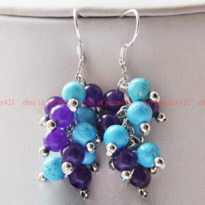 8mm Amethyst Turquoise Round Gemstone Beads Grape Dangle 925 Silver Hook Earring | eBay