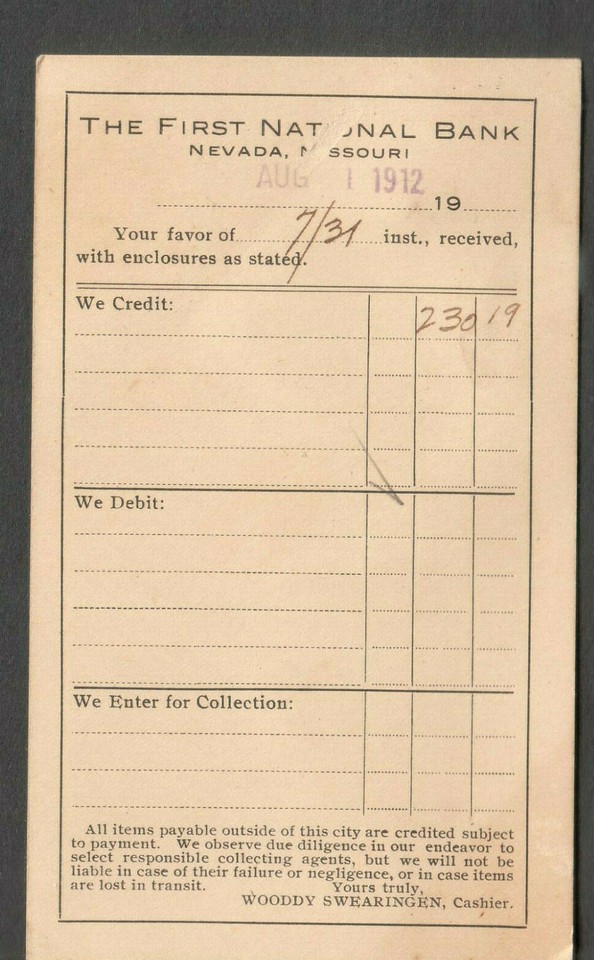 1912 post card First National Bank Nevada Missouri to Bank Schell City ...