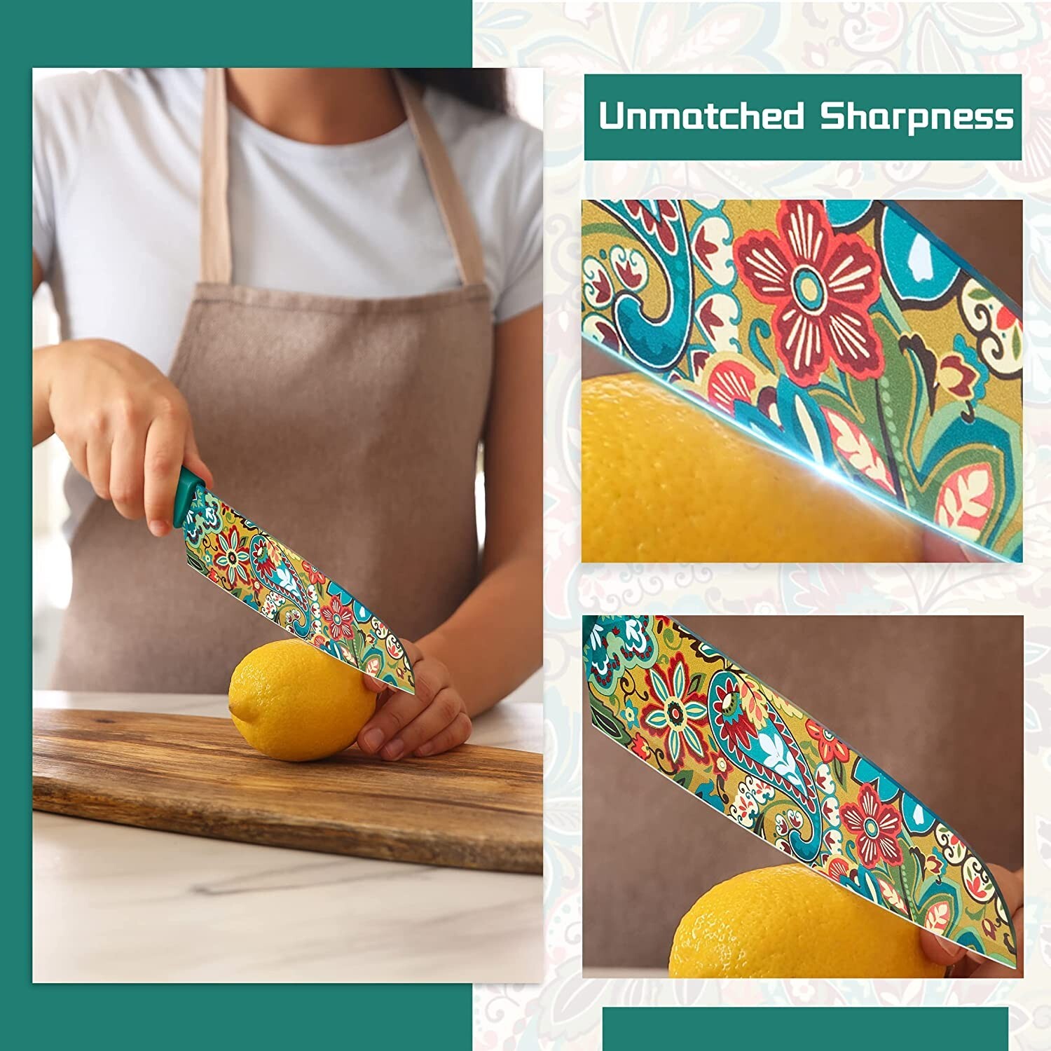 Knife Set, Paisley Pattern Kitchen Knife Set with Cover, Colorful ...