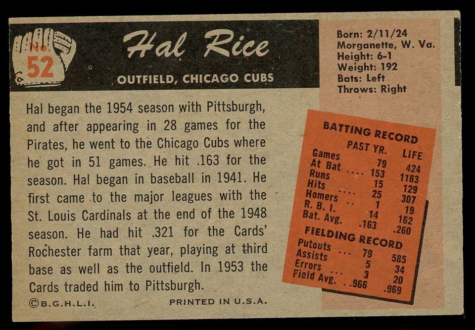 1955 Bowman #52 Hal Rice EXCL **GGQR* | eBay
