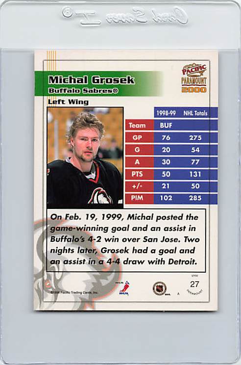 1999/00 Pacific Paramount #27 Michal Grosek Sabres Signed Auto *G7187 ...