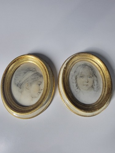 SET OF 2 VTG Rene David Italy Florence Portrait Drawing Pencil On Silk ...