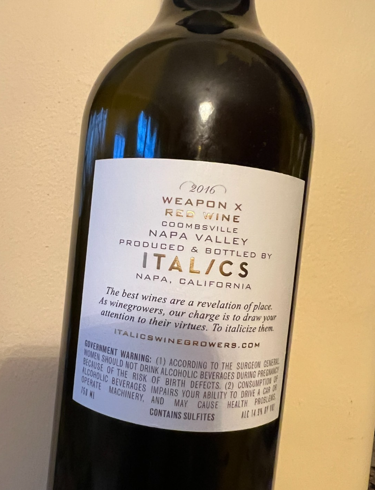 ITALICS 2016 Winegrovers Weapon x Red Wine empty bottle 750ml | eBay