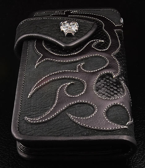 SKULL GENUINE BLACK SNAKE SKIN LEATHER MENS LONG WALLET BIKER REAL NEW ...