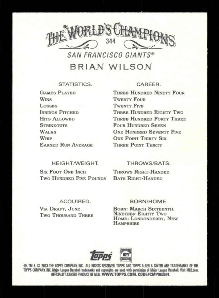 Brian Wilson 2023 Topps Allen & Ginter SP #344 San Francisco Giants | eBay