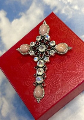 BIG Nicky Butler Sterling Silver CROSS Coral Garnet Moonstone Necklace ...