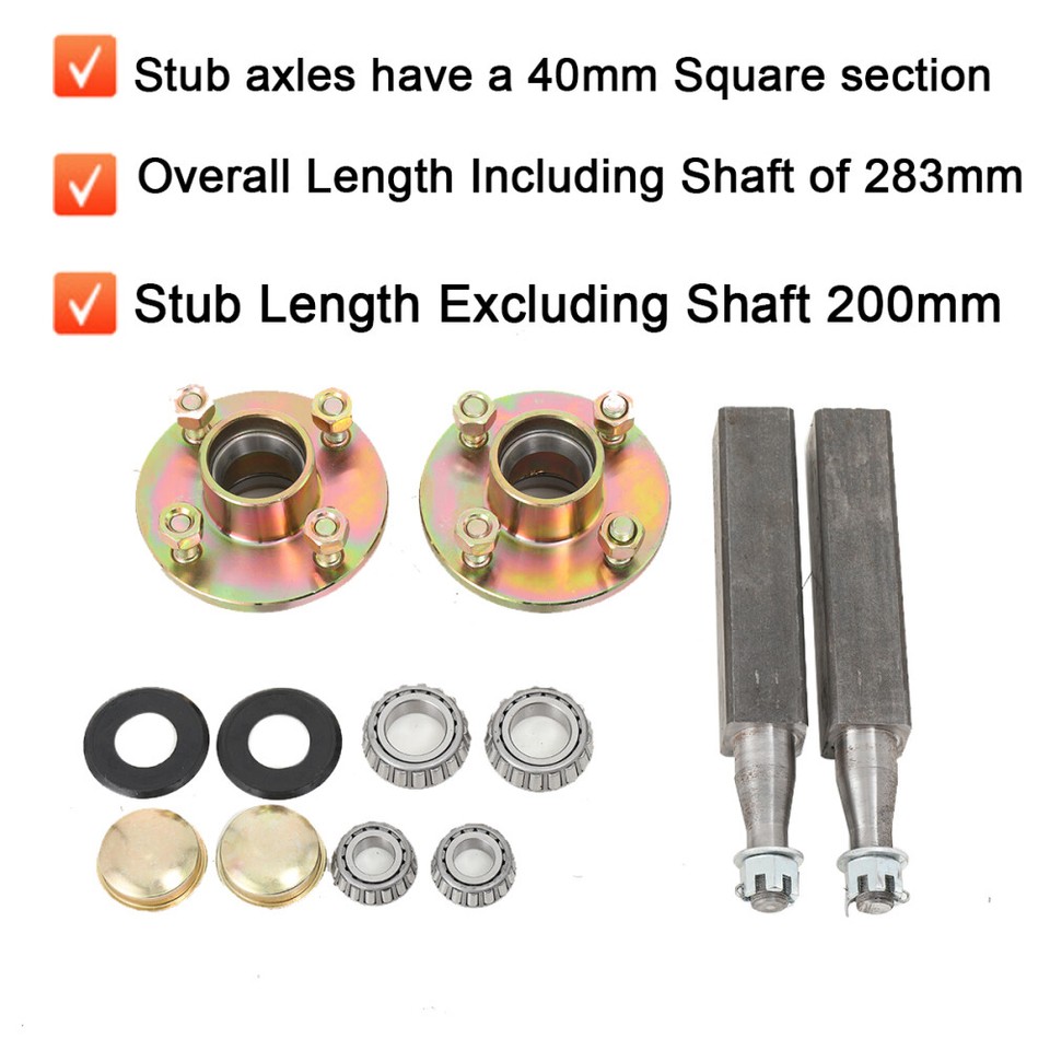 Trailer Hubs Stub Kit 4 inch PCD Hub 2 x Square Axles 283 Long 40x40 ...