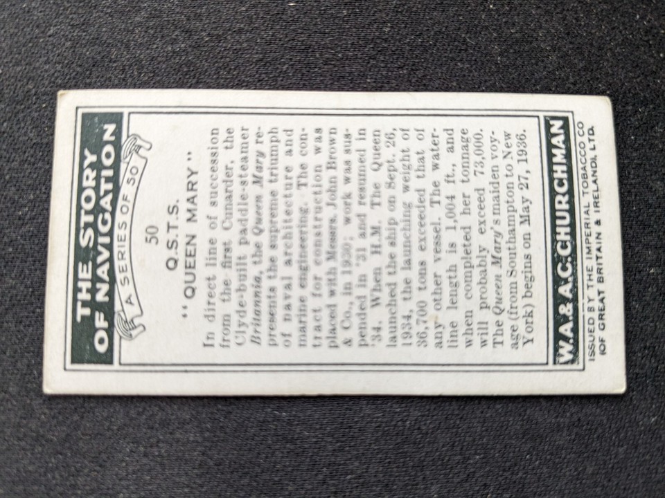 1936 Churchman's Story of Navigation Card # 50 Q.S.T.S. "Queen Mary ...