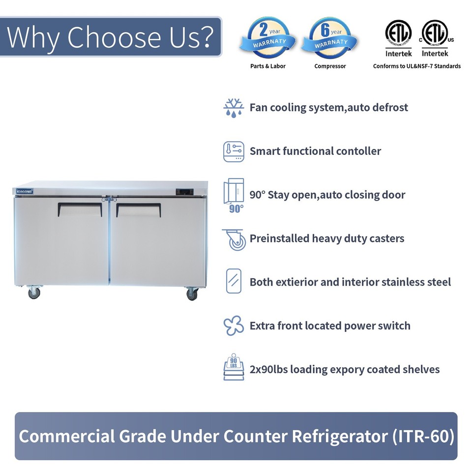 2 Door Undercounter Refrigerator, ICECASA 60" Commercial Lowboy Worktop ...
