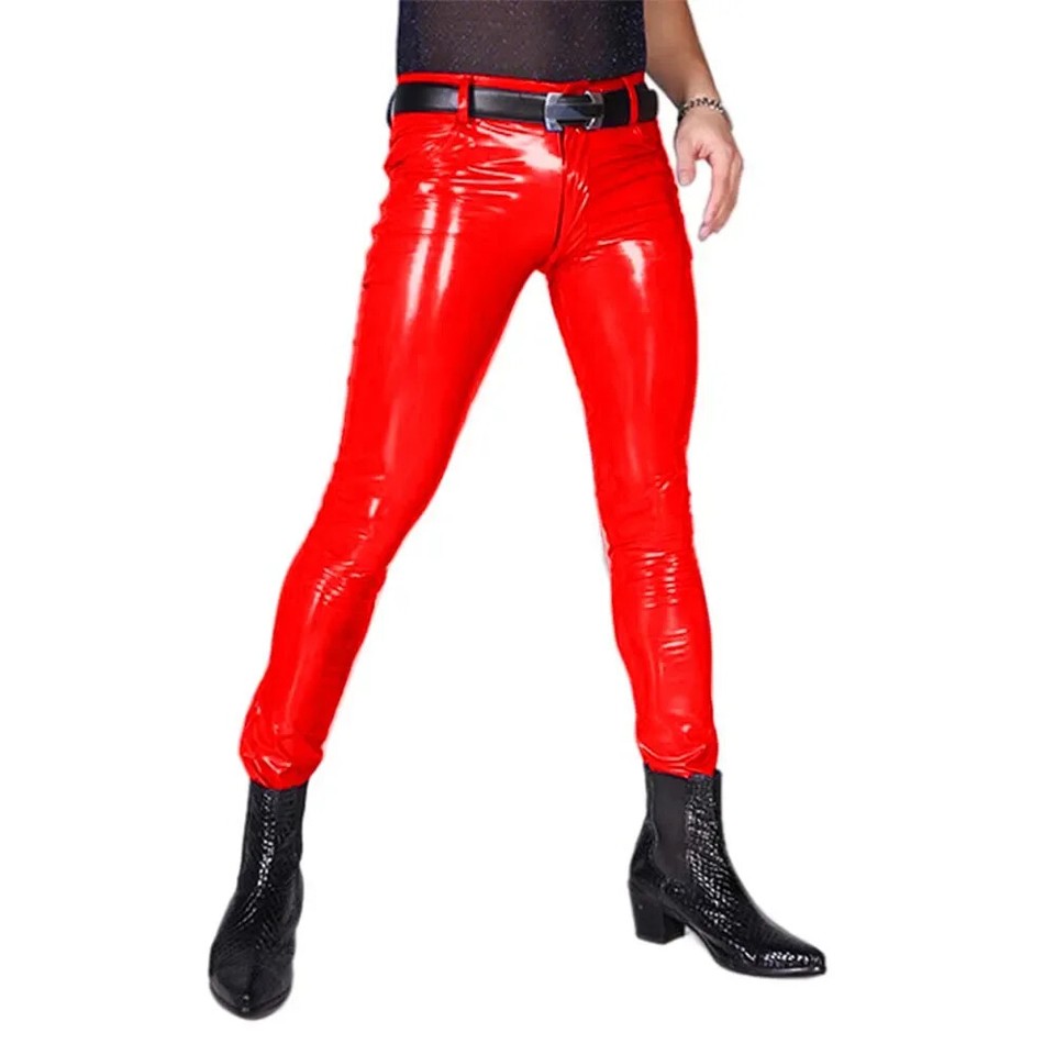 Wet PVC Leather Pants for Men Tight Latex Pants Slim Trousers High ...