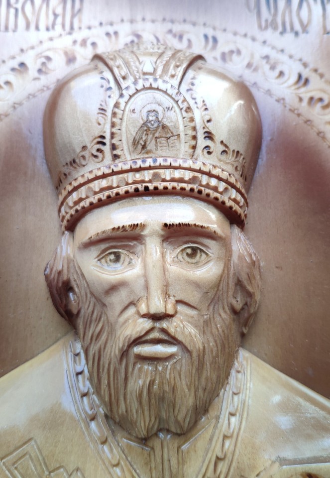 Big Vintage Wooden hand drawn icon. Nicholas the miracle worker ...