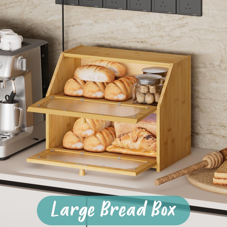 Large Bread Box for Kitchen Counter, Large Bamboo Wood Double Layer ...