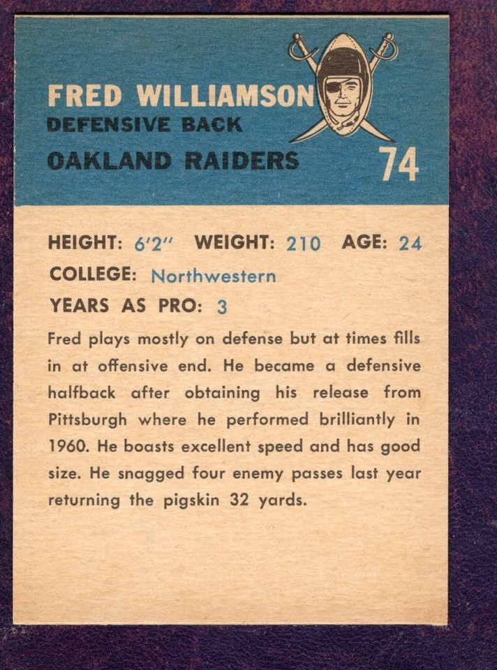 1962 FLEER FRED WILLIAMSON ROOKIE OAKLAND RAIDERS #74 EXMT-NM SHARP ...