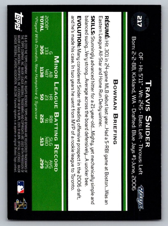 2009 Bowman Baseball Travis Snider Rookie Card Toronto Blue Jays #217 ...