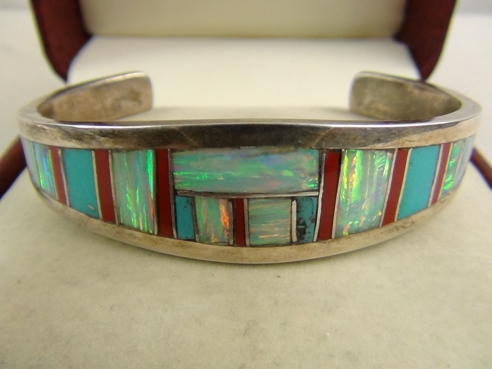 30g 6.5" Signed JHC Sterling Silver Opal Coral Inlay Cuff Bracelet Southwestern | eBay