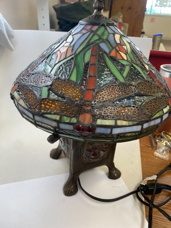 VINTAGE-Stained Glasses Dragon Fly Shade Turtle Back Lamp Rare 15x12 ...