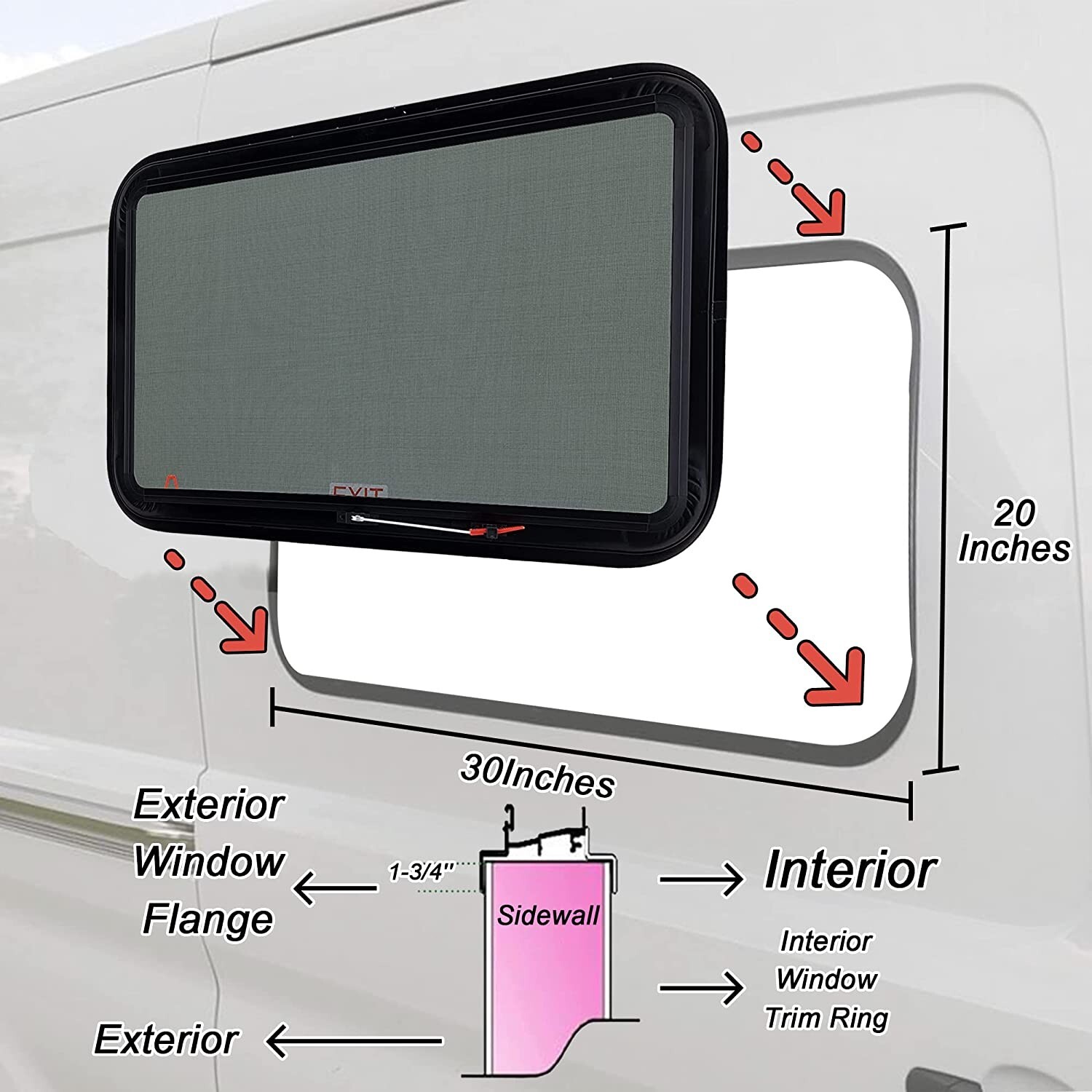 RV Emergency 30"x20" Exit Window for Cargo Trailer Glass Window w/Trim ...