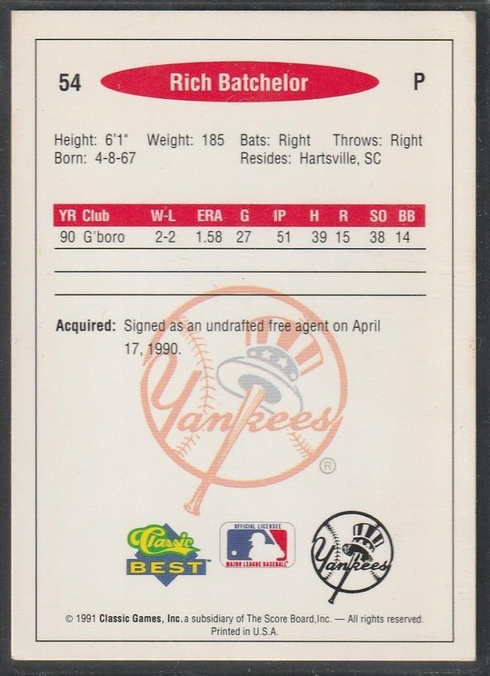 035, Original Autograph, Rich Batchelor; Ft. Lauderdale Yankees 1991 ...