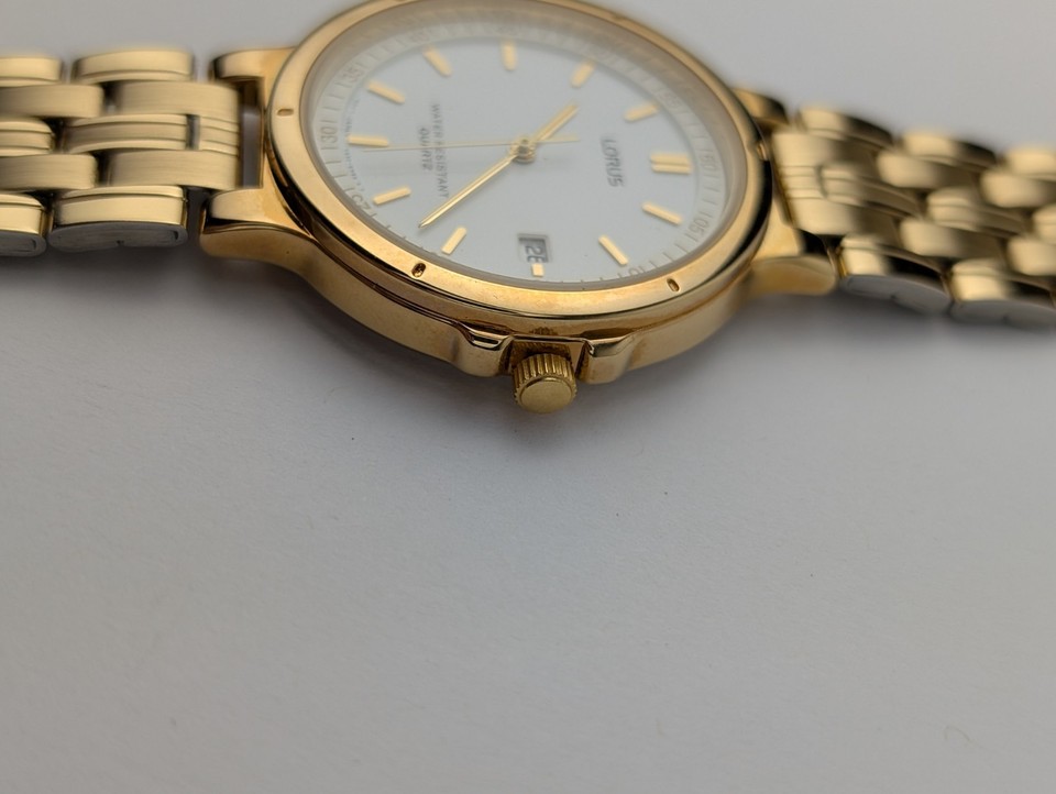 Vtg NEW OLD STOCK Lorus Gold Tone Quartz Analog Date Watch 35.5mm Mens ...