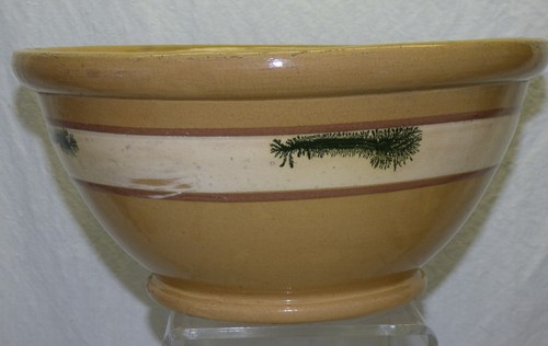 Lg Antique Yellow Ware Green Seaweed Banded Mixing Bowl Mocha Mochaware ...