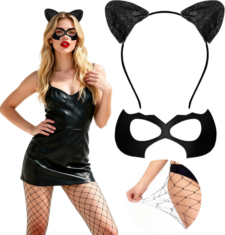 Black Cat Ears Headband, Woman Mask & Fishnet Stockings Set - Cat ...