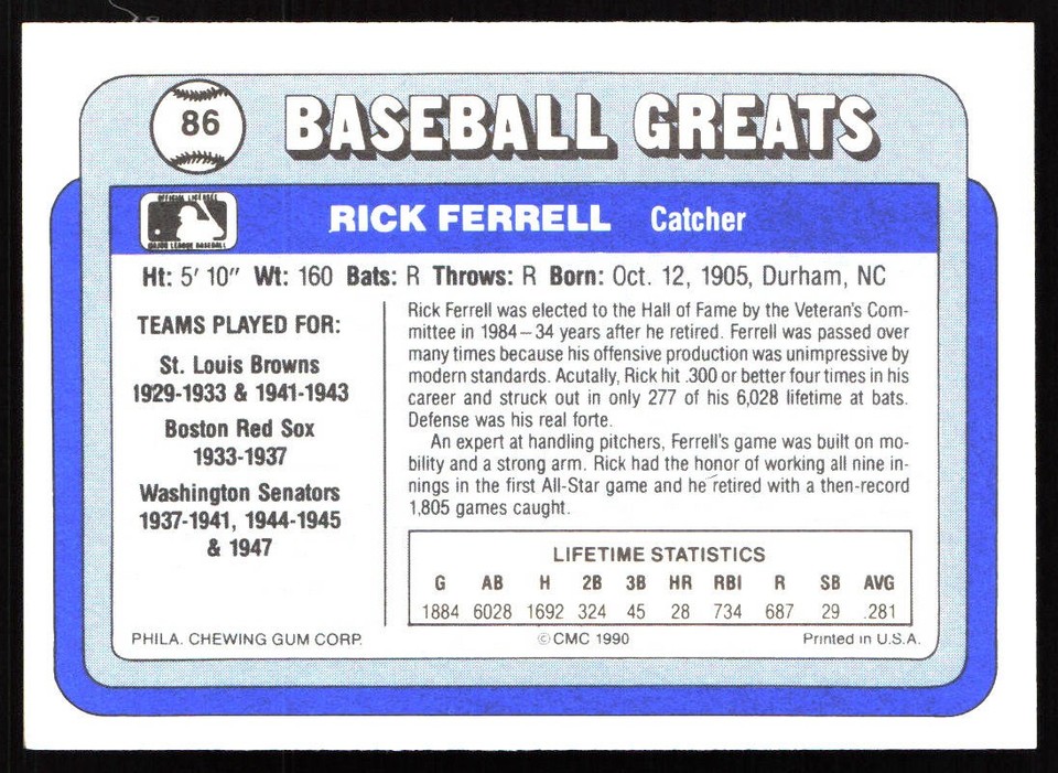 1990 Swell Baseball Greats #86 Rick Ferrell | eBay