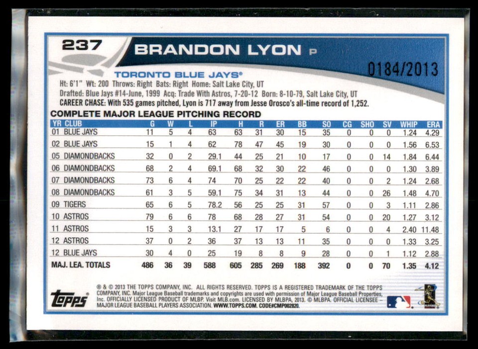 2013 Topps Gold Brandon Lyon #237 Toronto Blue Jays SN2013 | eBay