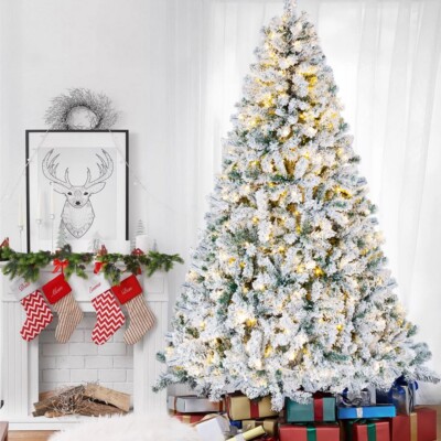 iFanze 6ft Pre-Lit Snow Flocked Christmas Tree with 1000 Tips 250 Warm ...
