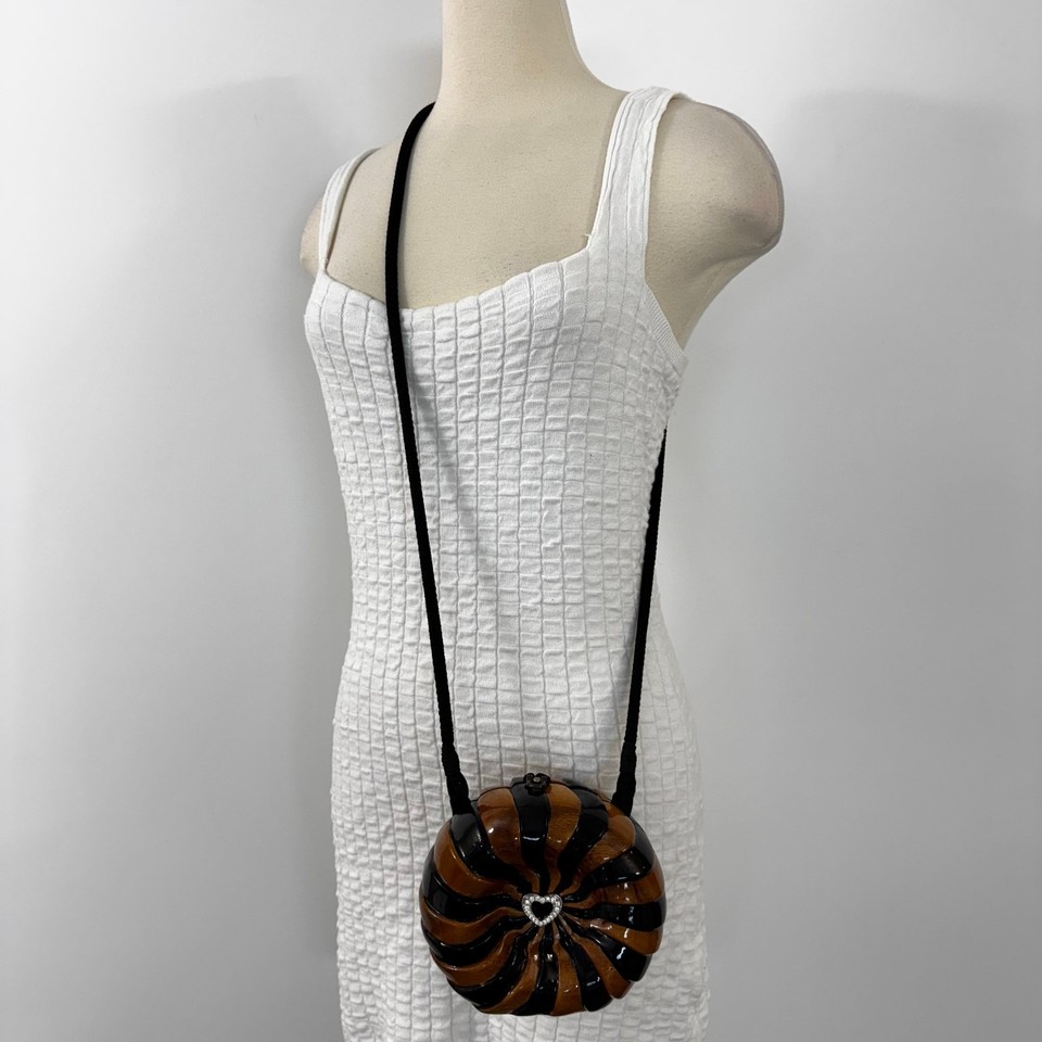 Timmy Woods Carved Wood Spin Pinwheel Crystal Heart Clutch Bag ...