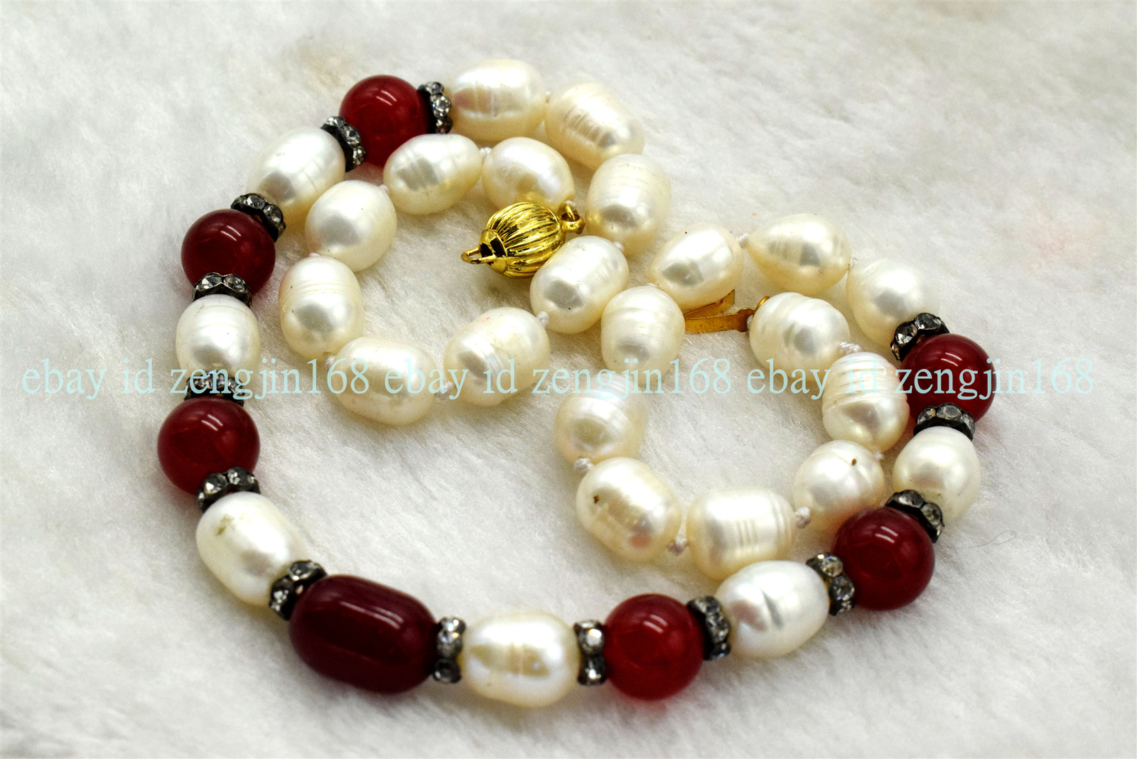 New Style Genuine 9-10mm Natural White Rice Pearl & 10mm Red Jade ...