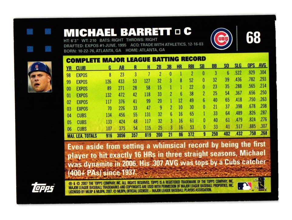 2007 Topps #68 Michael Barrett Chicago Cubs | eBay