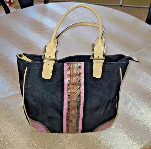 Mondani New York Tote Bag Black Canvas Pink Snakeskin Trim Studded ...