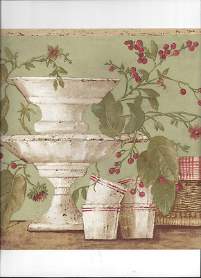 * WALLPAPER BORDER KITCHEN BASKETS CUPS STANDS CHERRIES FLOWERS NEW ...