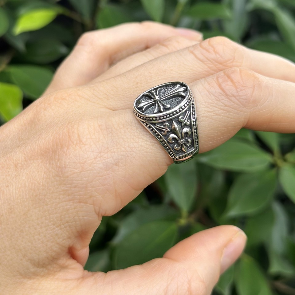 Gothic Cross Ring 925 STERLING SILVER Fleur De Lis Flower Cross Biker ...