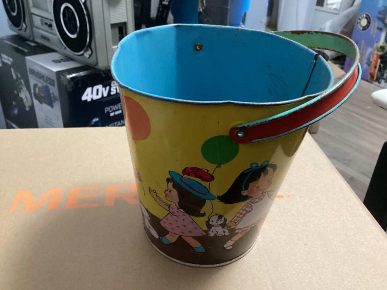 Vintage 1950's J. Chein Tin Litho Metal Sand Bucket Pail party balloons ...