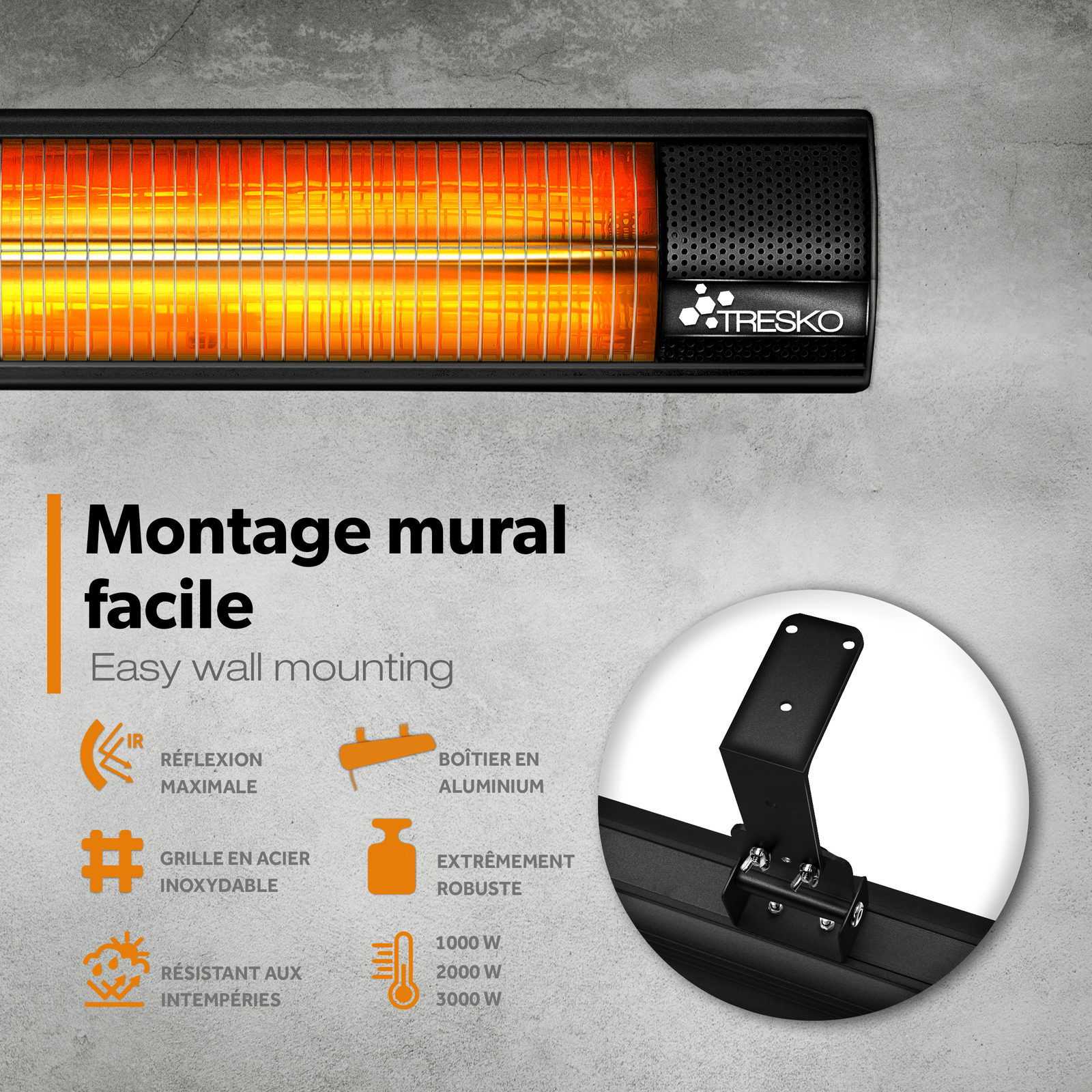 TRESKO Chauffage Radiant Infrarouge | 3000W + Télécommande | Radiateur ...