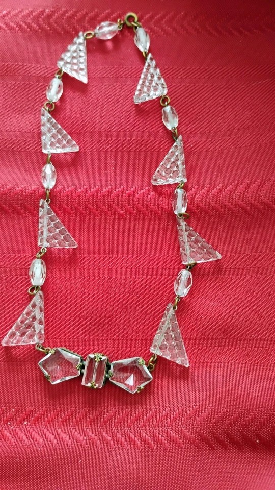 ART DECO CRYSTAL TRIANGULAR CUT ETCHED NECKLACE W CZECH FRENCH? CENTER ...
