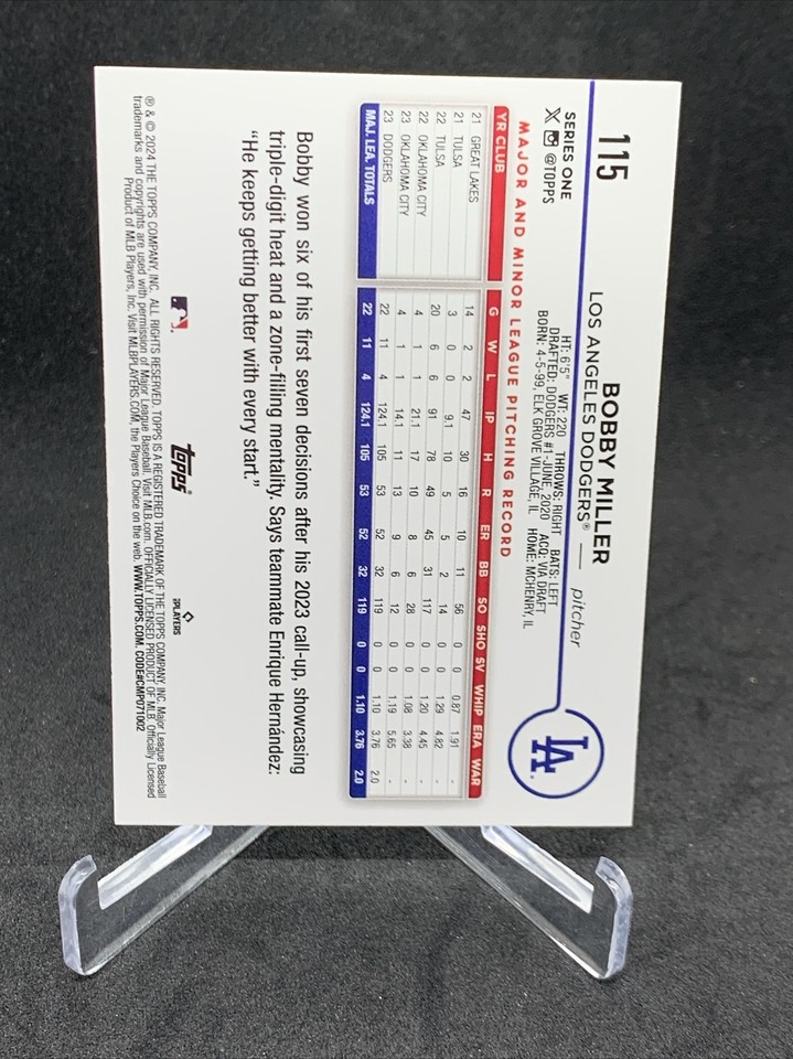 2024 Topps Series 1 BOBBY MILLER Yellow Border #115 Dodgers FUTURE ...