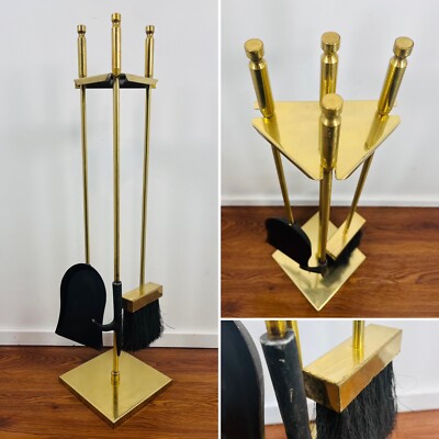Mid Century Modern - Minimalist - Fireplace 4 Piece Brass Gold Tool Set ...