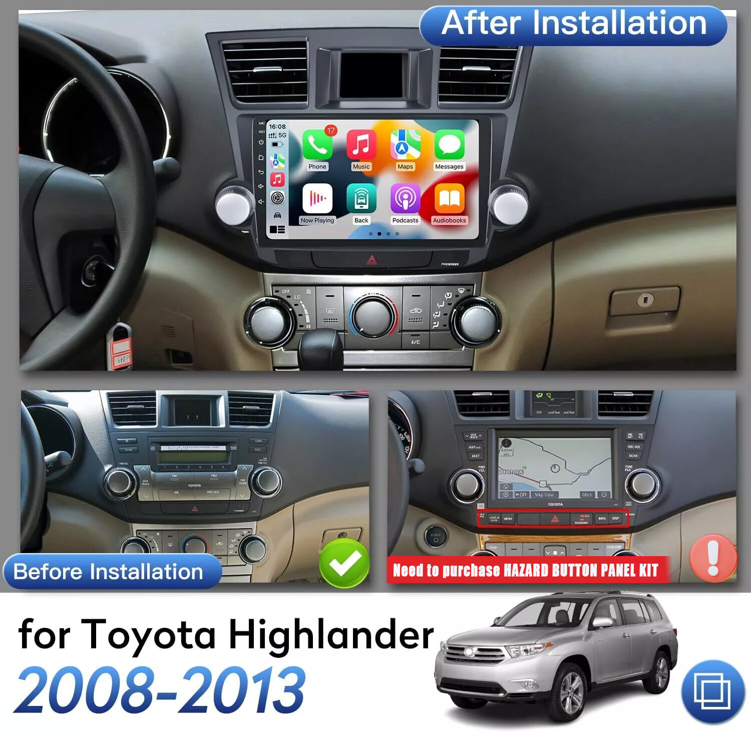 For 2008-2013 Toyota Highlander Apple Carplay Car Radio Android 12 GPS JBL 2+32G | eBay