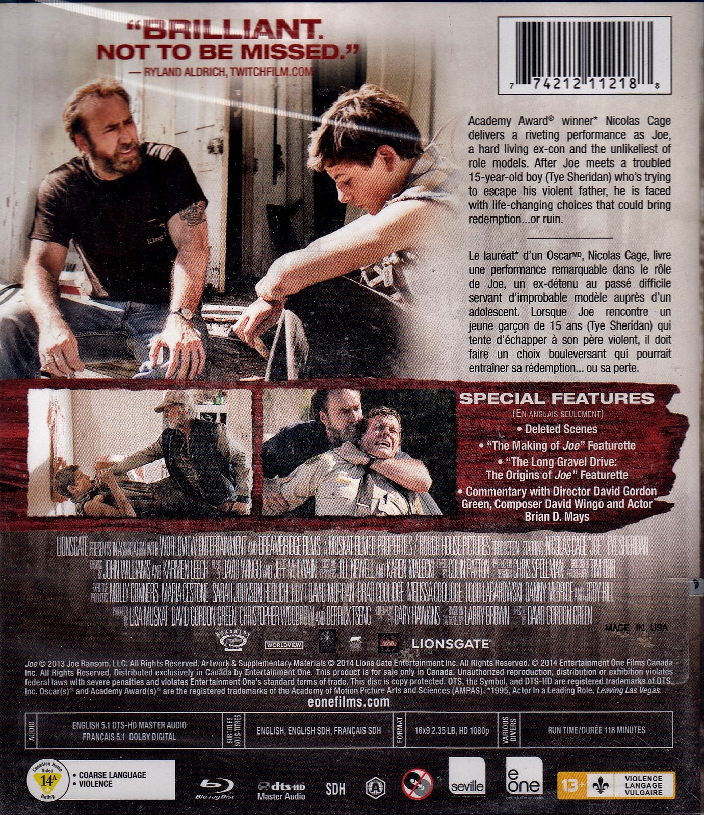 NEW BLU-RAY- JOE - Nicolas Cage, Tye Sheridan, Gary Poulter, Ronnie ...