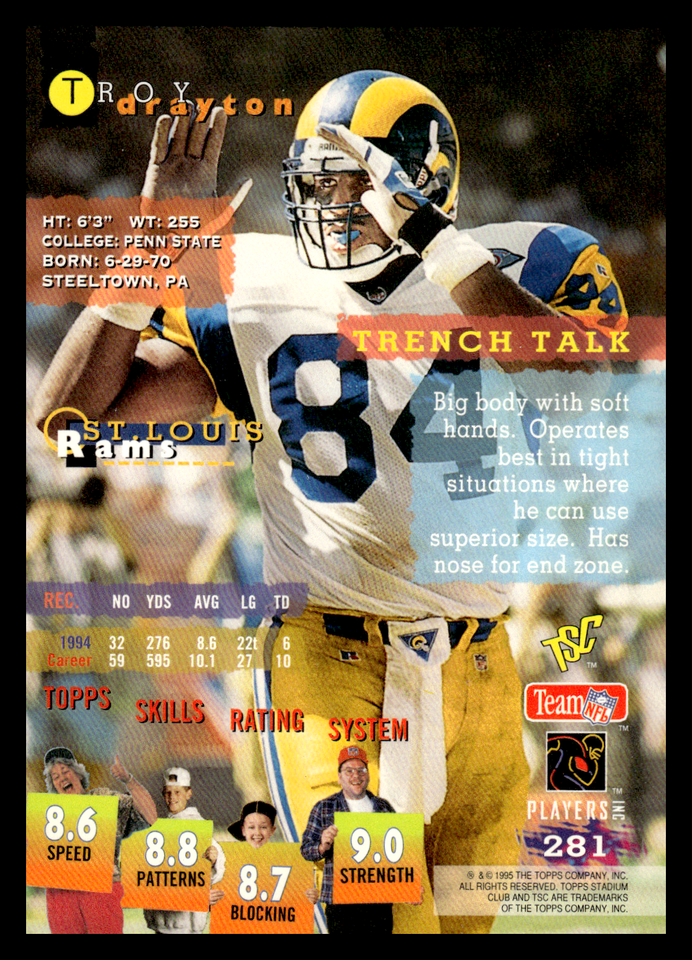 1995 Topps Stadium Club Troy Drayton #281 St. Louis Rams NFL Football ...