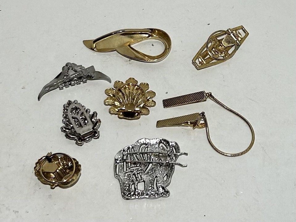 Vintage Scarf Clip Lot Gold Silver Tone Elephant Floral Rhinestones 8pc ...