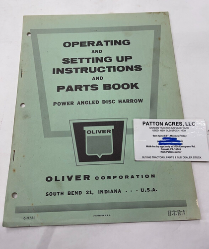 Operating Setting Up Instr. Parts Book for Oliver Power Angled Disc ...