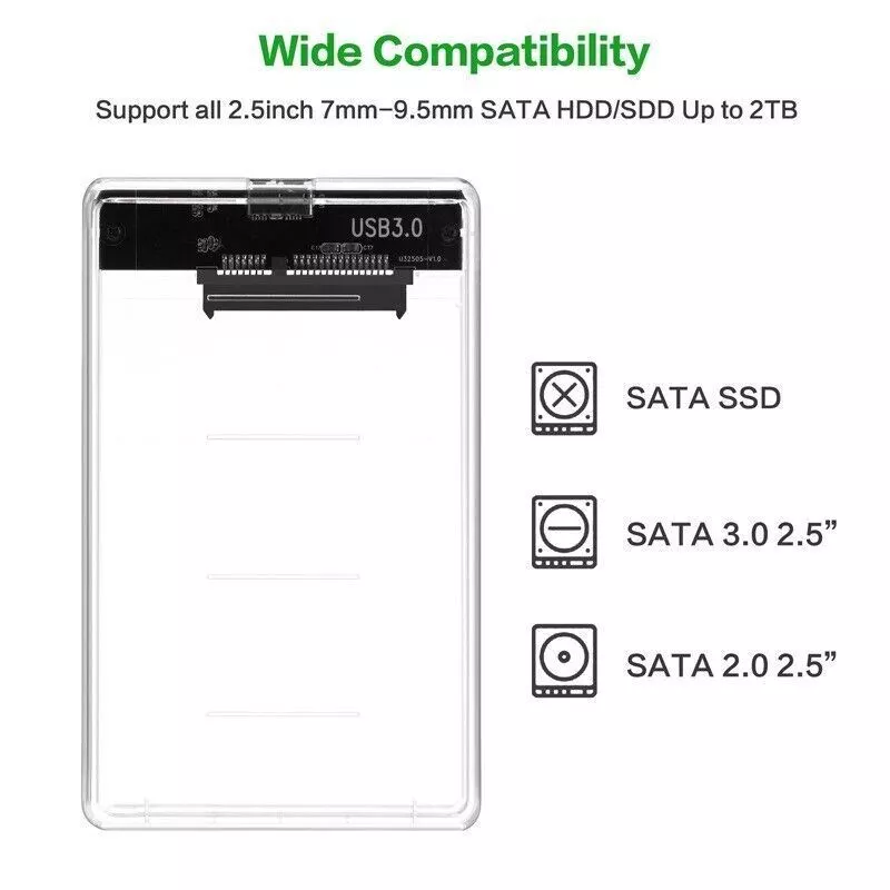 2.5" SATA USB 3.0 Clear Hard Drive Disk HDD SSD Enclosure External ...