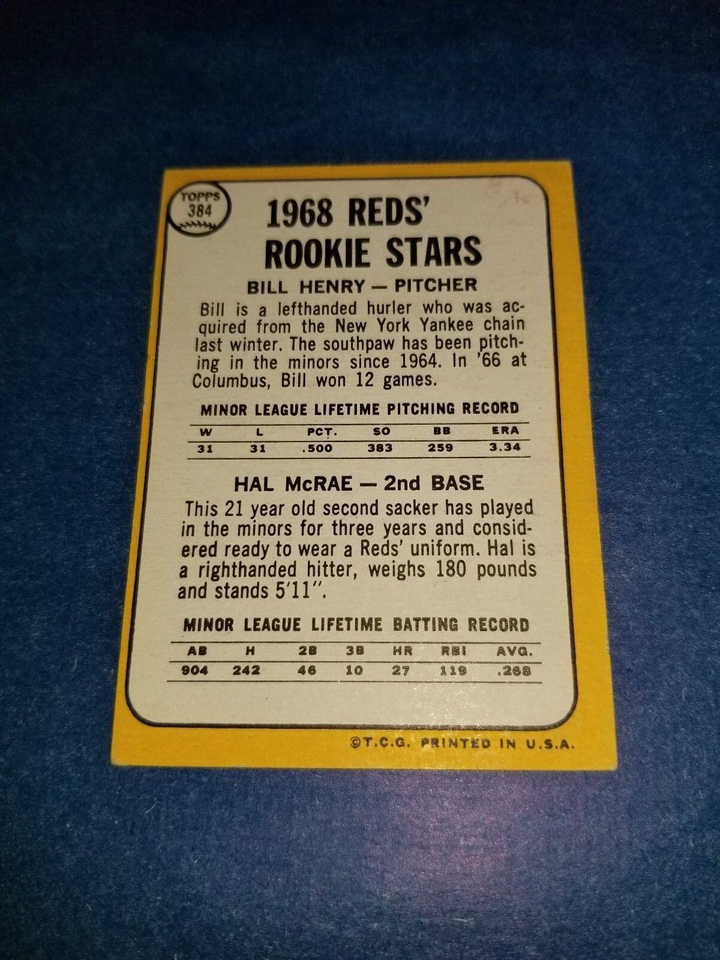 HAL McRAE 1968 TOPPS VINTAGE CARD #384 REDS (ROOKIE) GRADEABLE. NICE ...