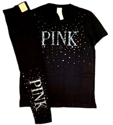 Victorias Secret Pink Bling Rhinestone Campus Tee + Leggings Set Black ...