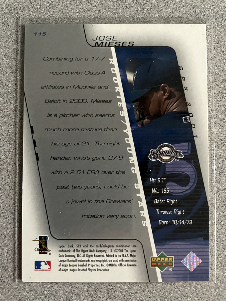 2001 SPx Rookies/Young Stars Jose Mieses Rookie Card /2000 #115 Brewers ...